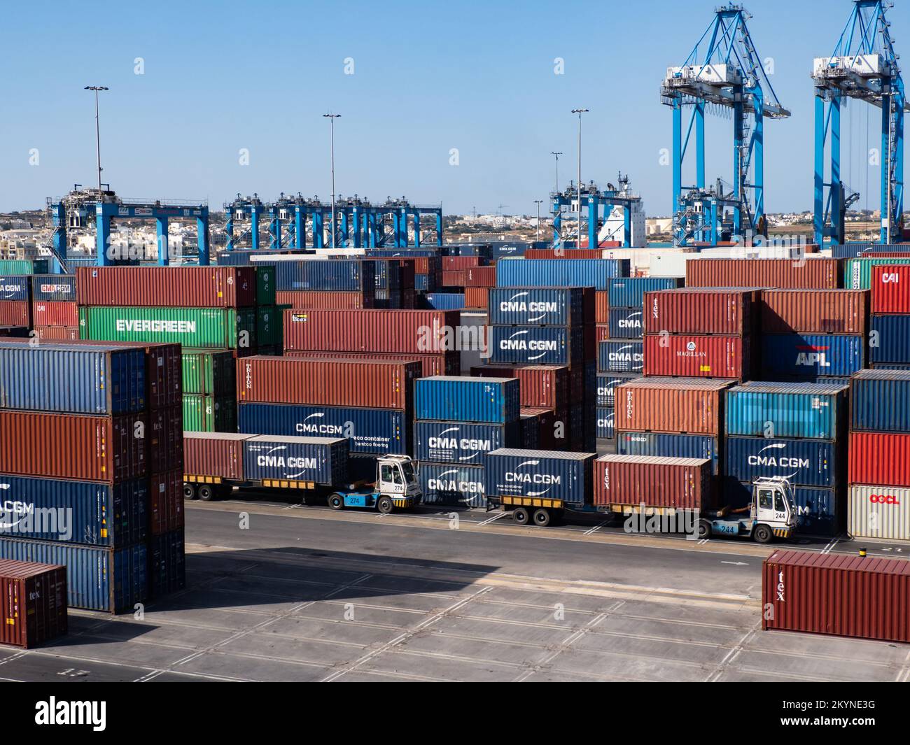 Birzebbuga, Malta - May, 2021: Harbor with cranes, ships and cargo in ...