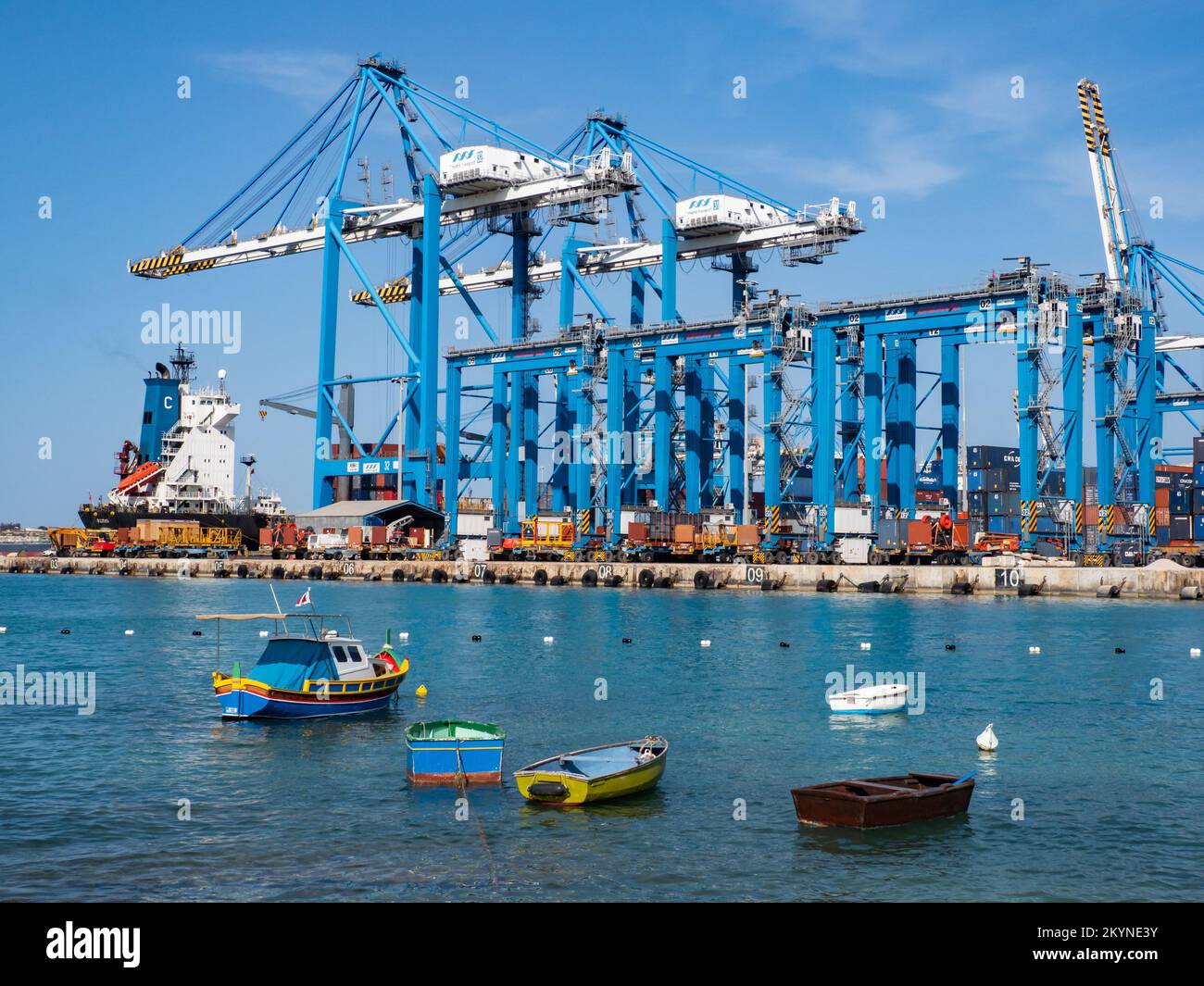 Birzebbuga, Malta - May, 2021: Harbor with cranes, ships and cargo in ...
