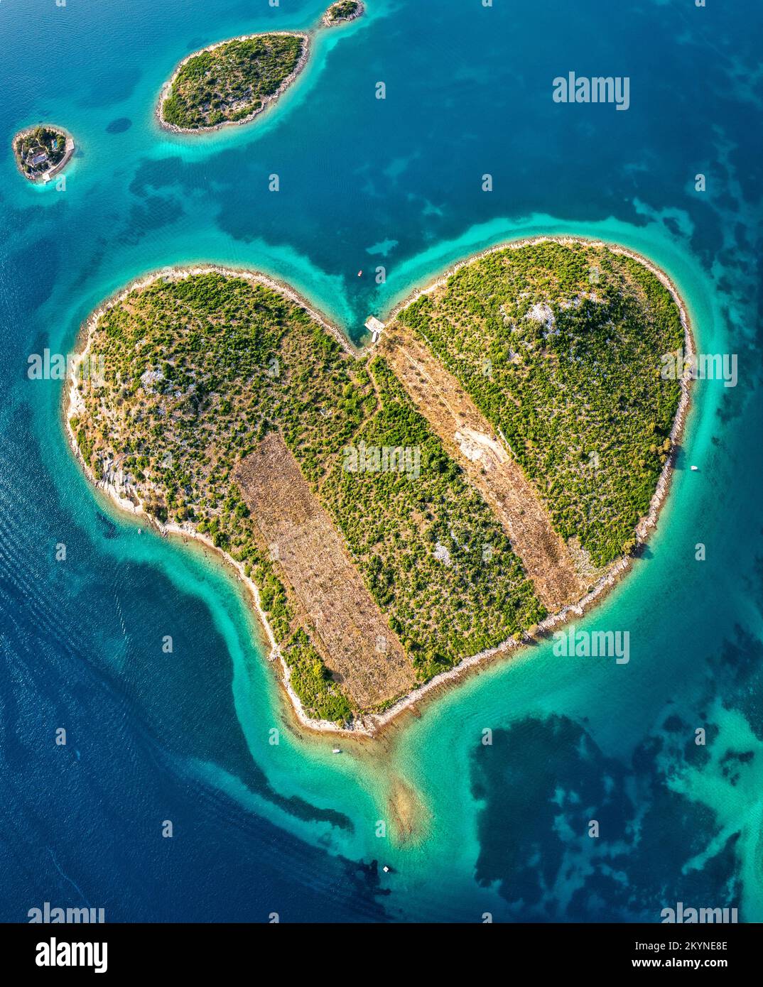 Aerial view of the heart shaped Galesnjak island on the adriatic coast ...