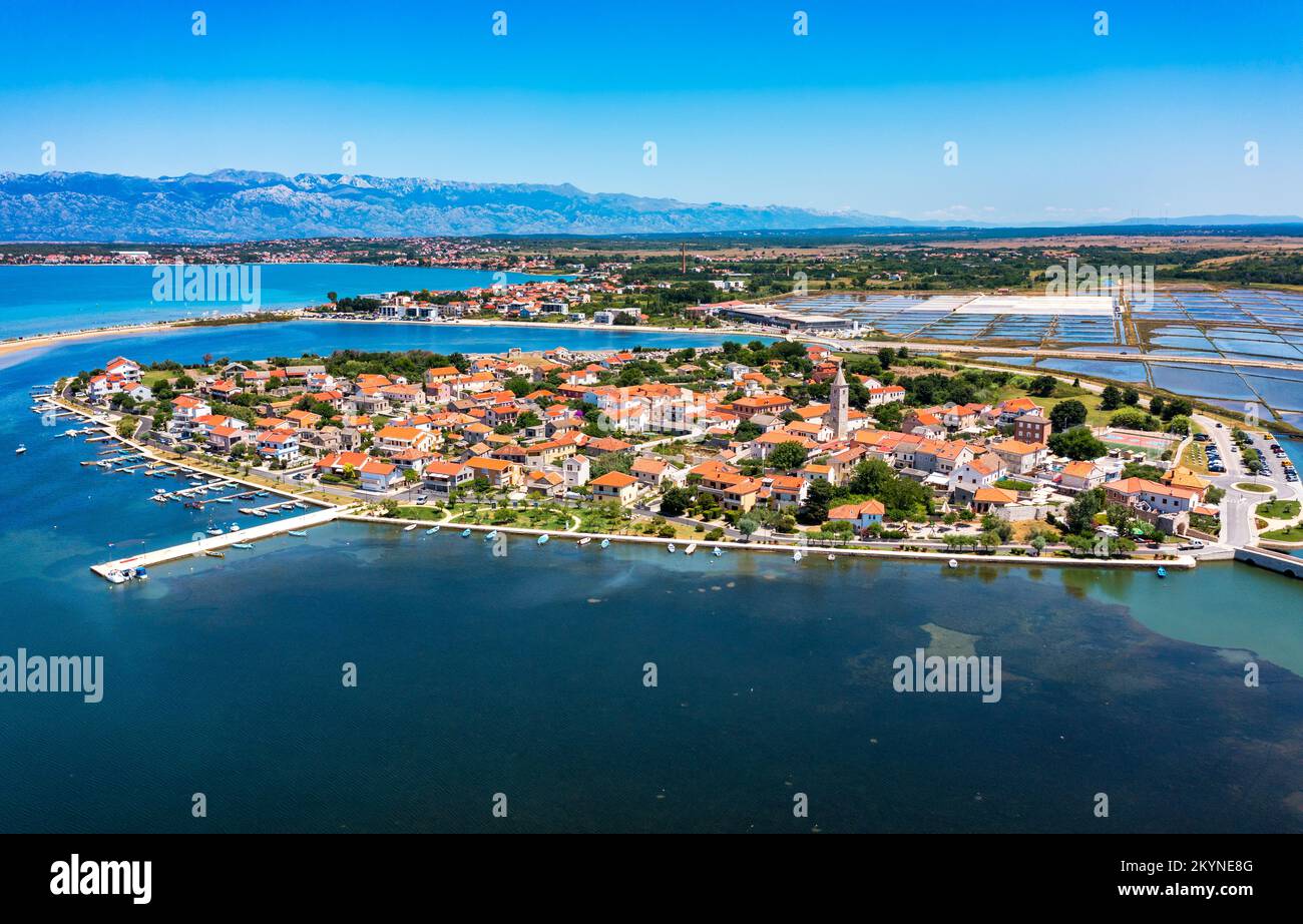 Historic town of Nin laguna aerial view with Velebit mountain ...