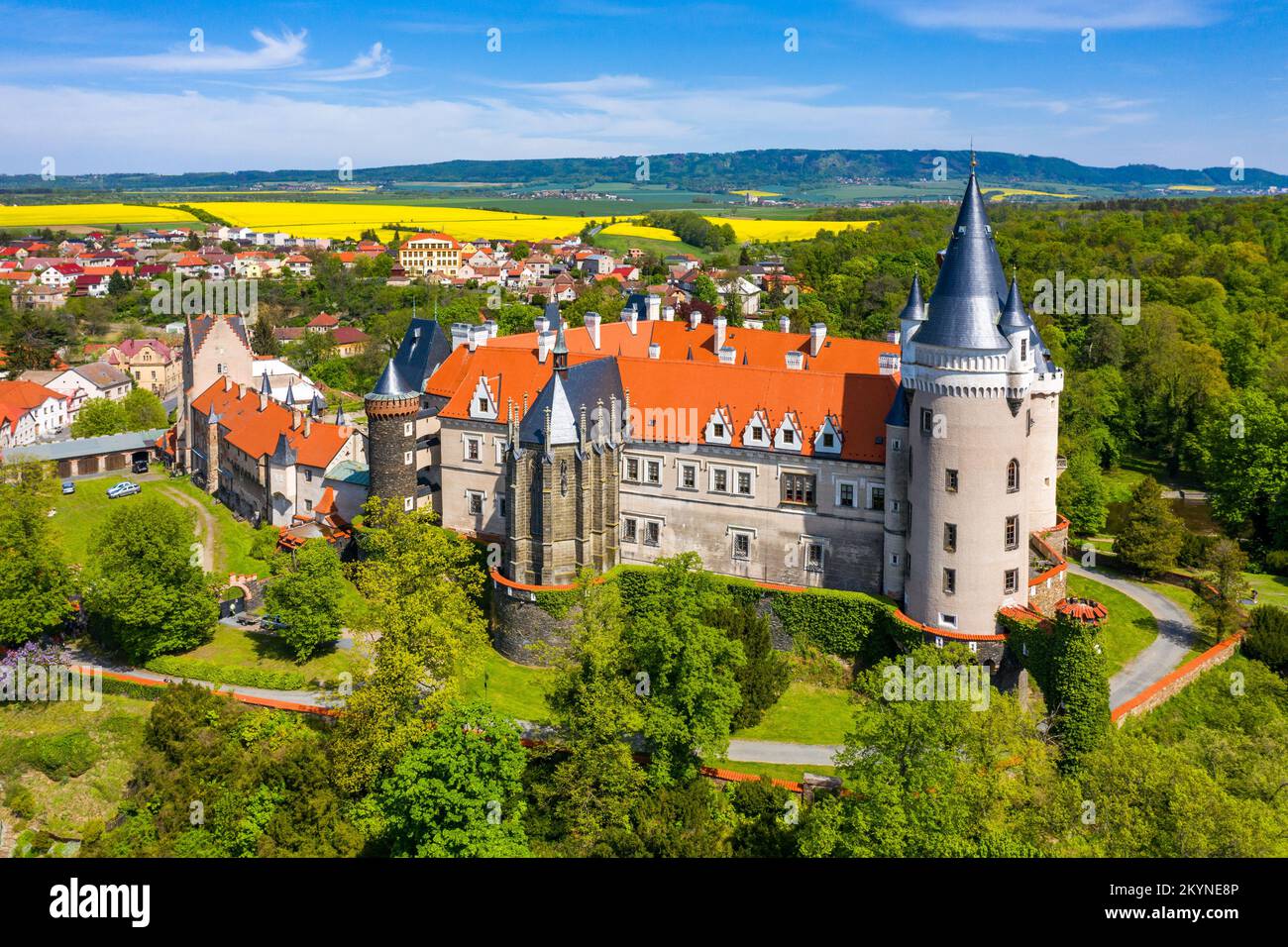 Aerial view of Zleby castle in Central Bohemian region, Czech Republic ...