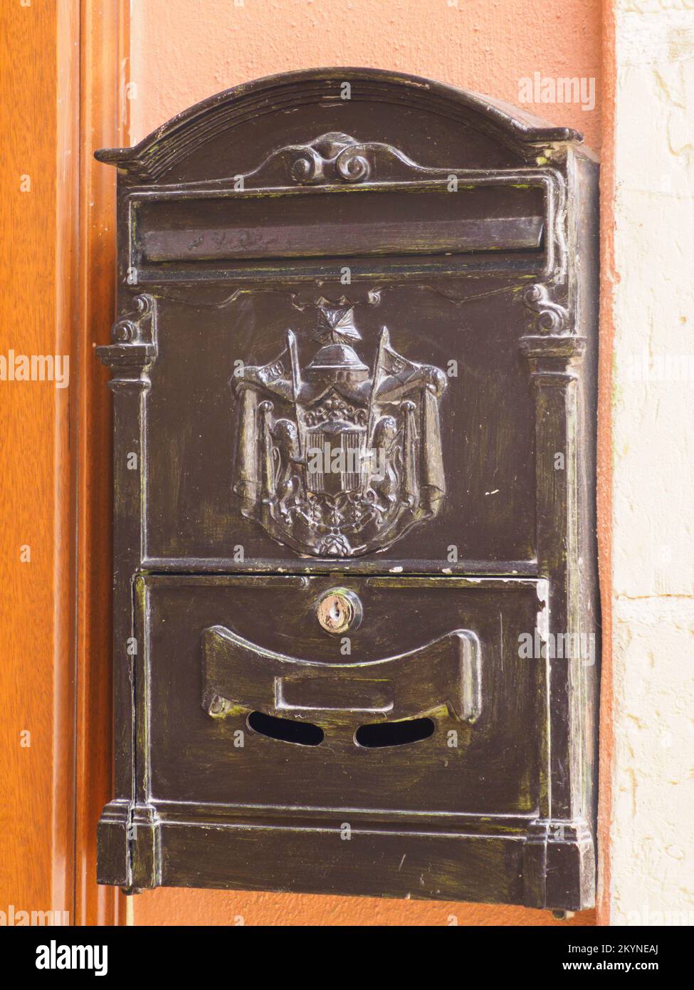 Blue mailbox on the white wall with number forty five, Portugal, West ...