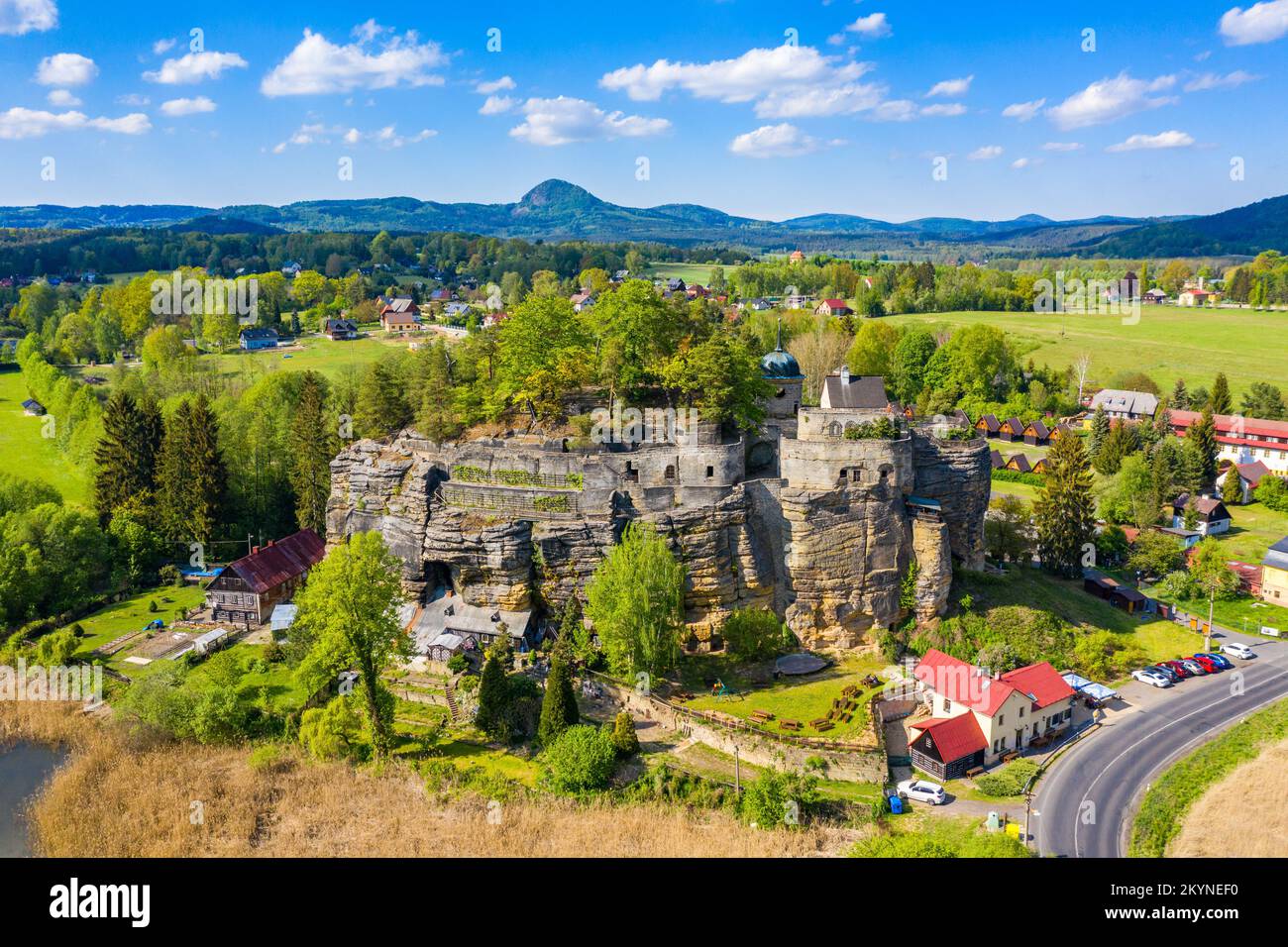 Aerial view of Sloup Castle in Northern Bohemia, Czechia. Sloup rock ...