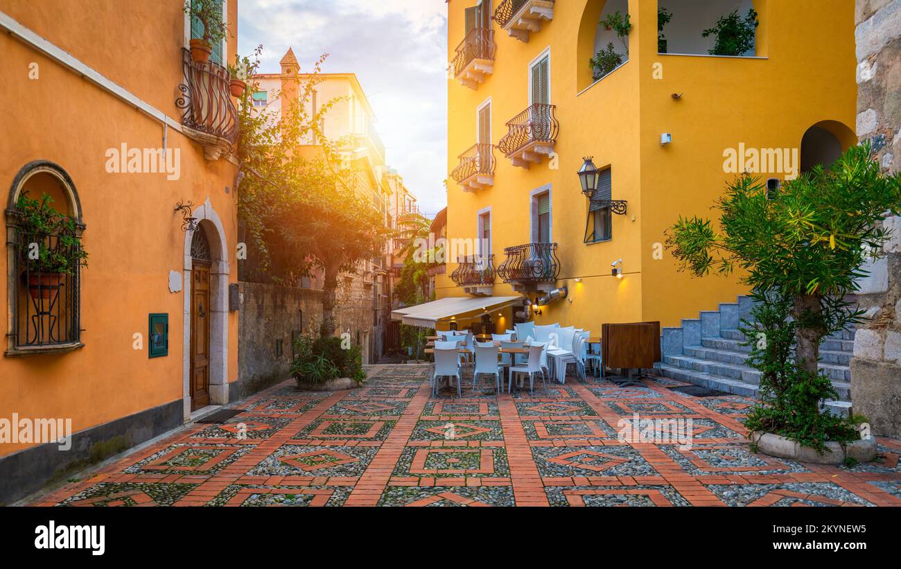 Beautiful old town of Taormina with small streets, flowers ...