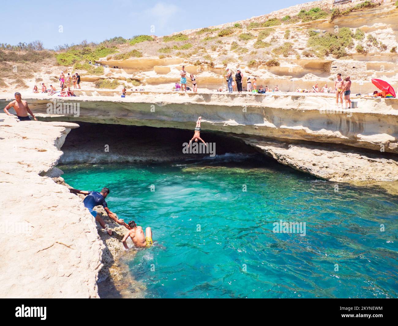 Marsaxlokk, Malta - May, 2021: St. Peter’s Pool is one of the most ...
