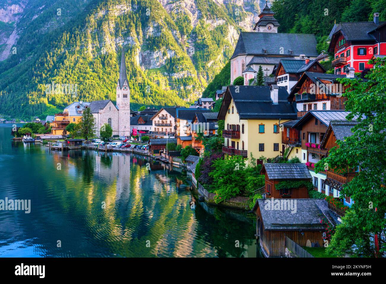 View of famous Hallstatt mountain village in the Austrian Alps at ...