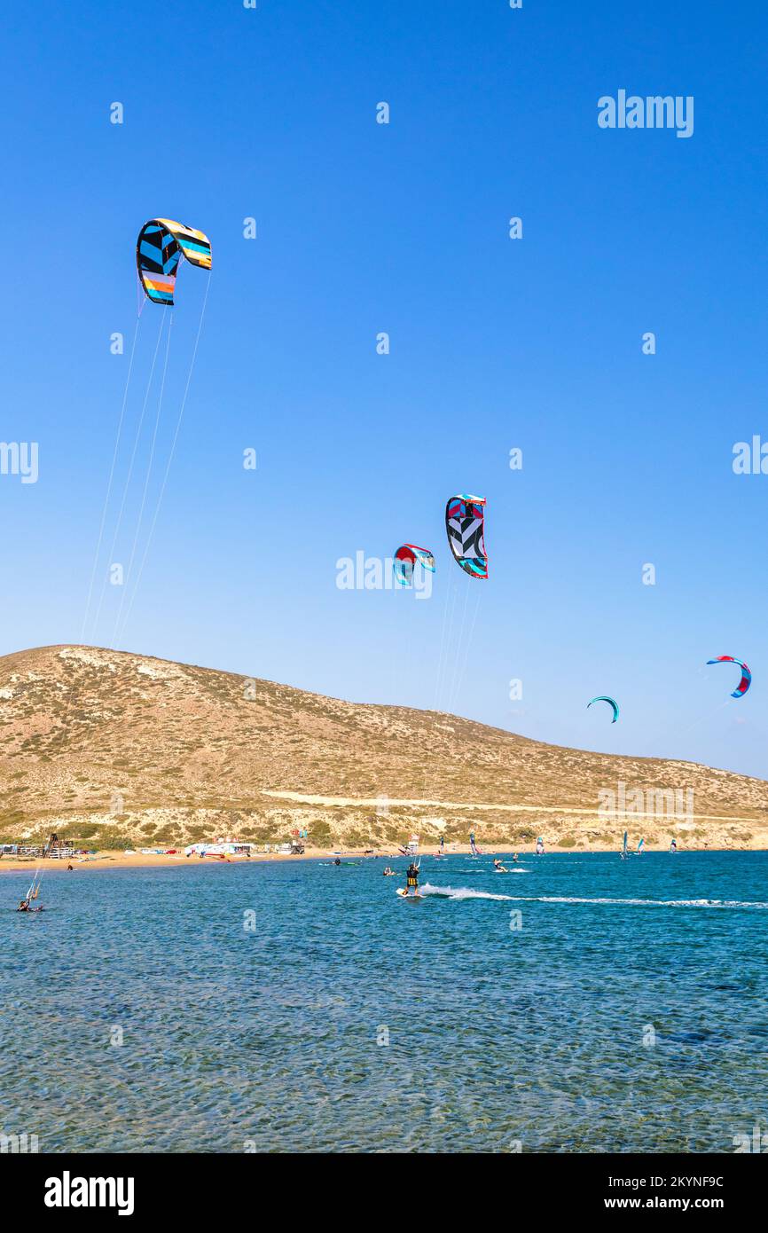 Surfers in Prasonisi Beach in Rhodes island, Greece. Kiteboarder ...