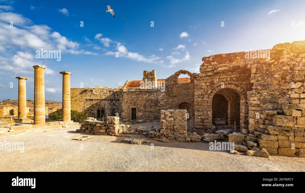 Ruins of Acropolis of Lindos view, Rhodes, Dodecanese Islands, Greek ...