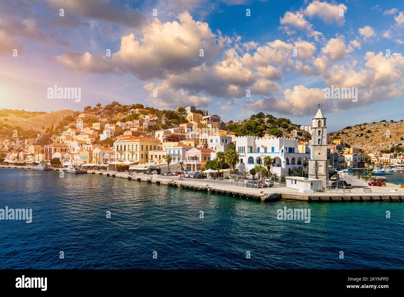 View of the beautiful greek island of Symi (Simi) with colourful houses ...