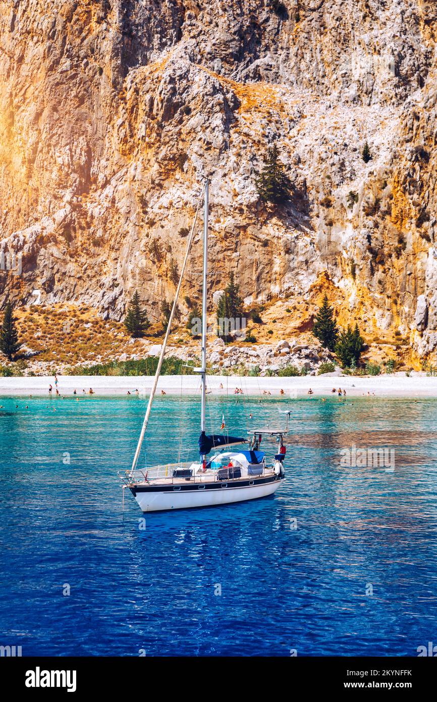 Saint George bay on Symi island, popular stop over for tourists to have ...