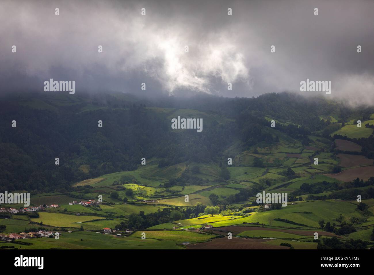 Beautiful nature view on Azores with small villages, tows, green nature ...