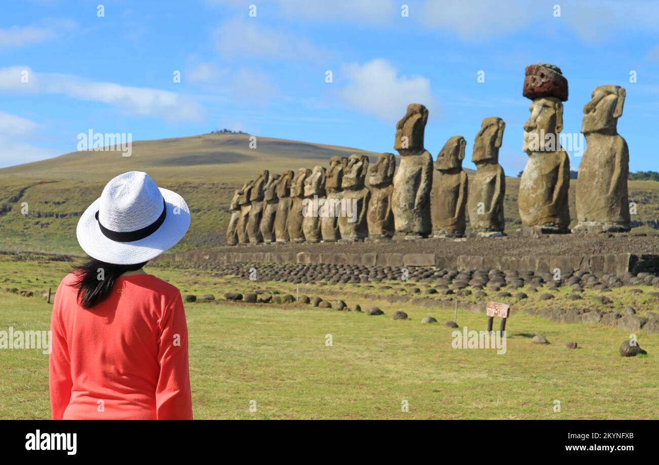 Female Visiting the Iconic Fifteen Moai Statues of Ahu Tongariki ...