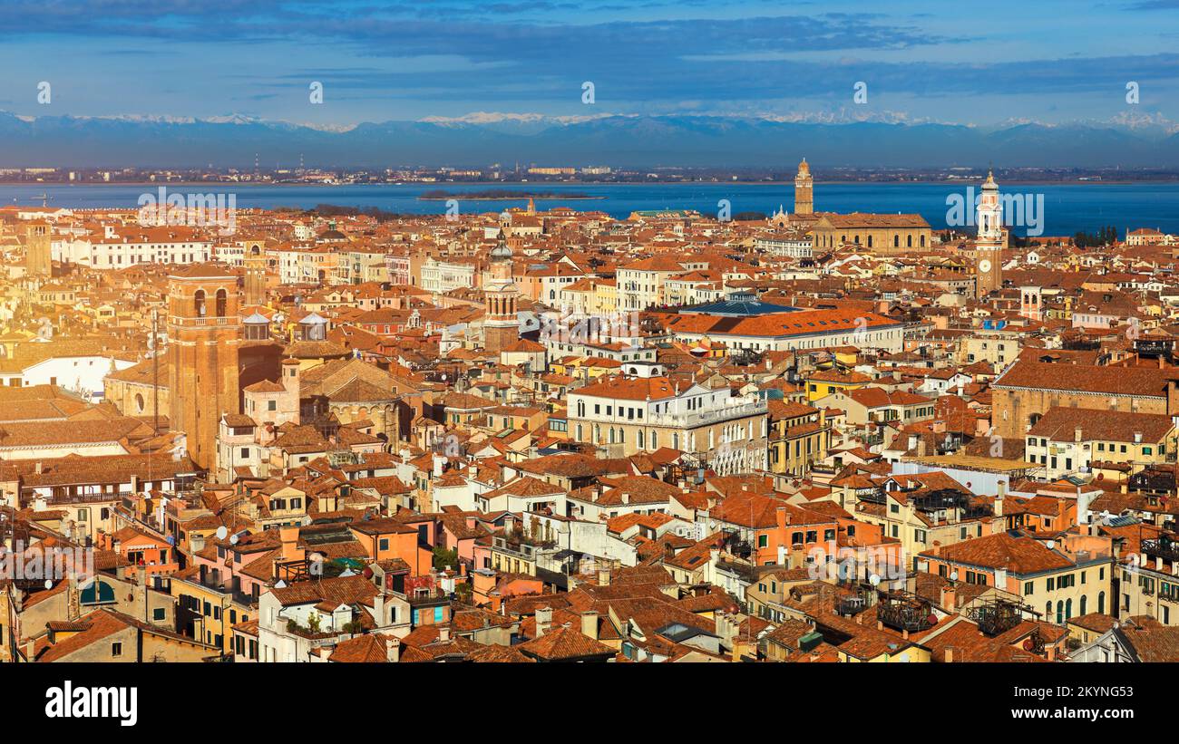 Venice panoramic aerial view with red roofs, Veneto, Italy. Aerial view ...