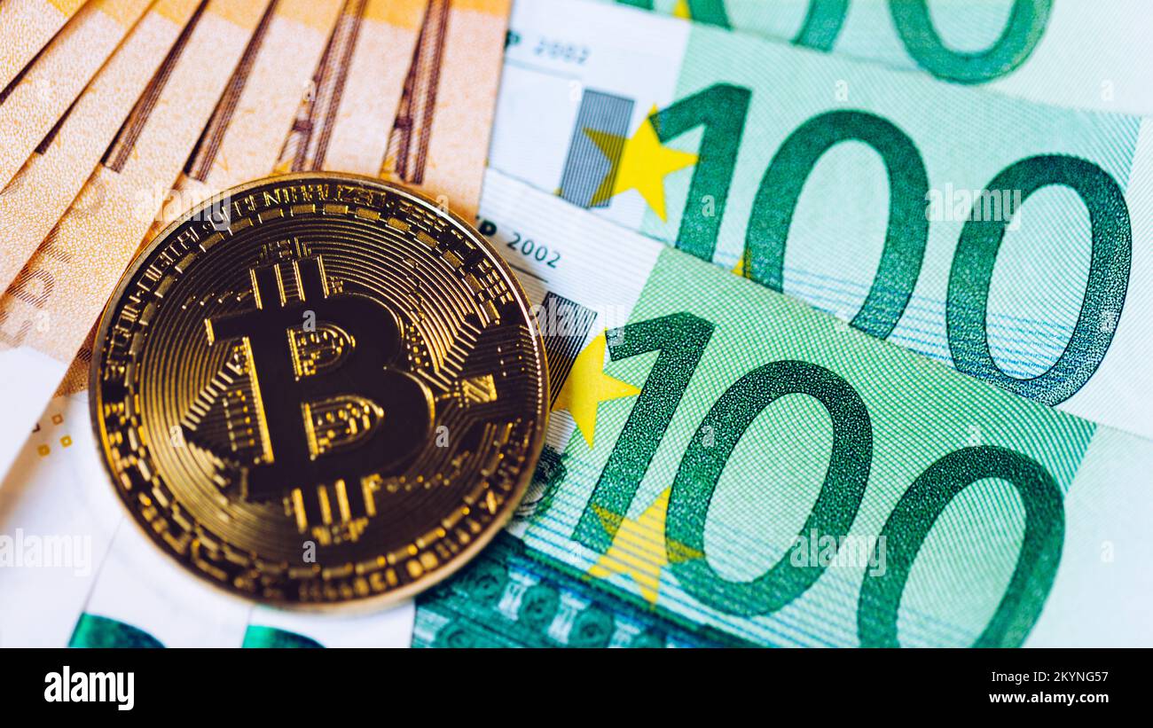 Golden bitcoin over Euro money. Bitcoin cryptocurrency. Crypto currency ...