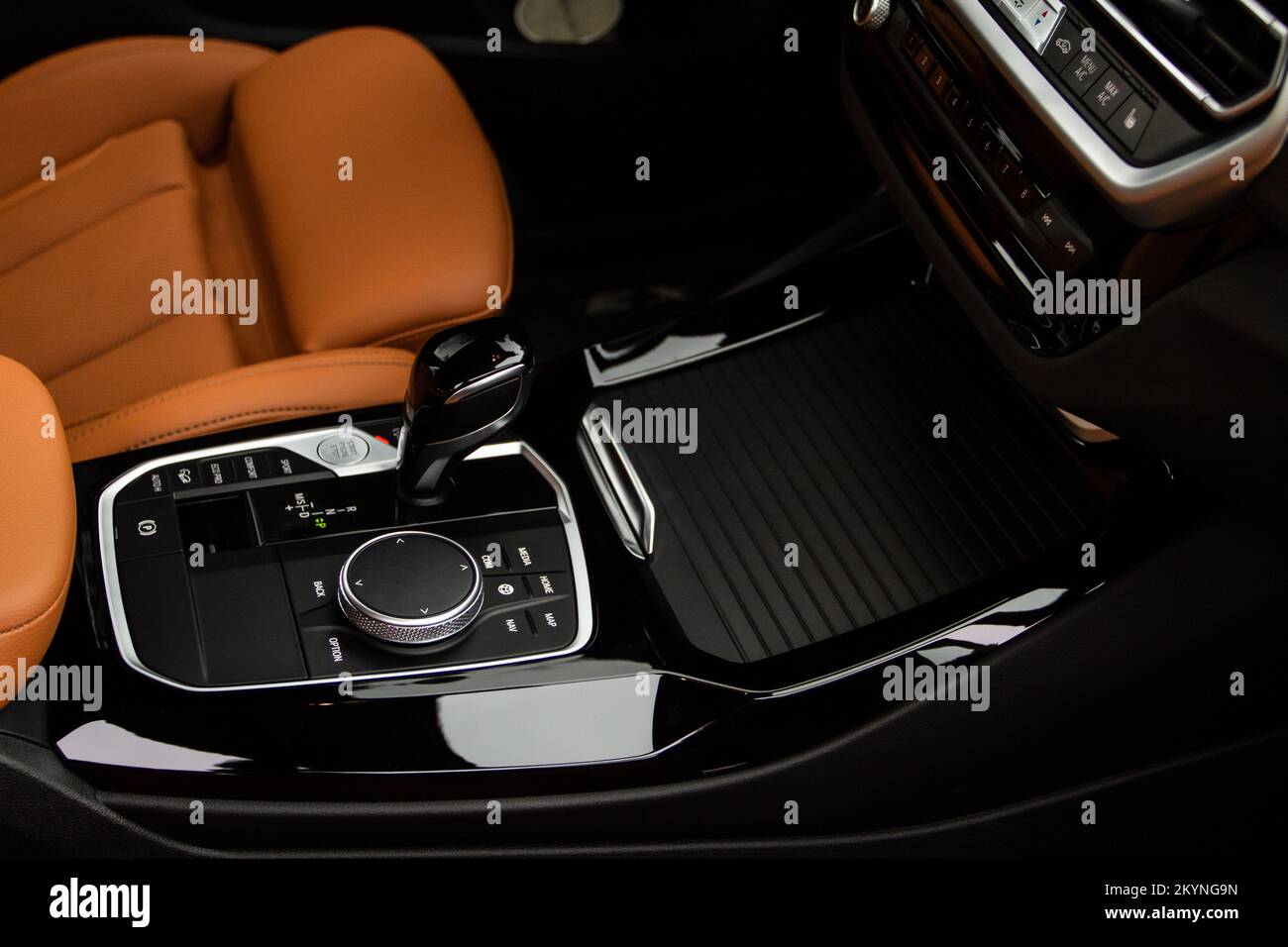 MOSCOW, RUSSIA - FEBRUARY 05, 2022 The BMW idrive console. Central ...