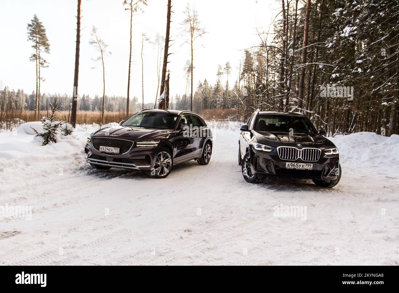 MOSCOW, RUSSIA - FEBRUARY 05, 2022 Genesis GV70 (JK1) and BMW X3 (G01 ...