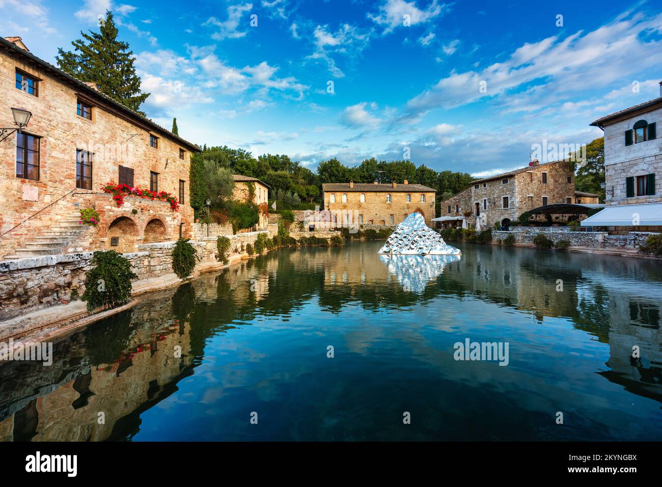 Thermal bath town of Bagno Vignoni, Italy during sunrise. Old thermal ...