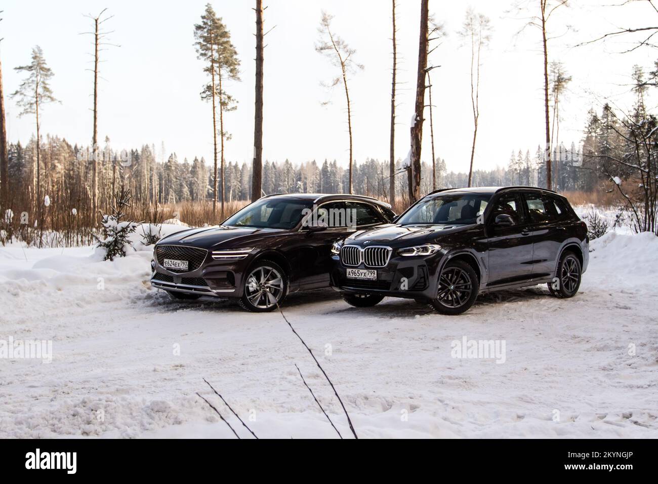 MOSCOW, RUSSIA - FEBRUARY 05, 2022 Genesis GV70 (JK1) and BMW X3 (G01 ...