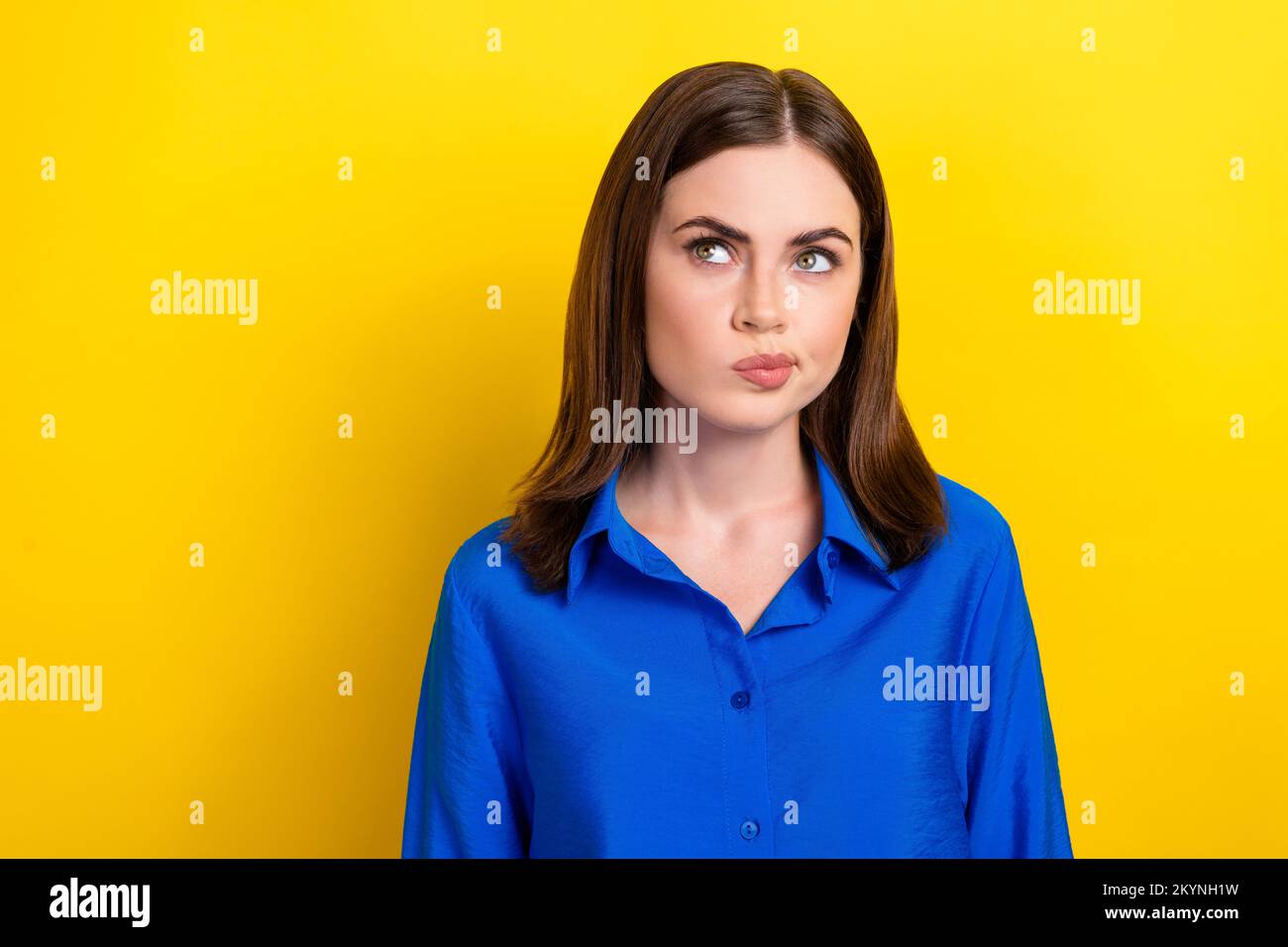 Photo of uncertain unsure lady wear blue stylish clothes interested ...