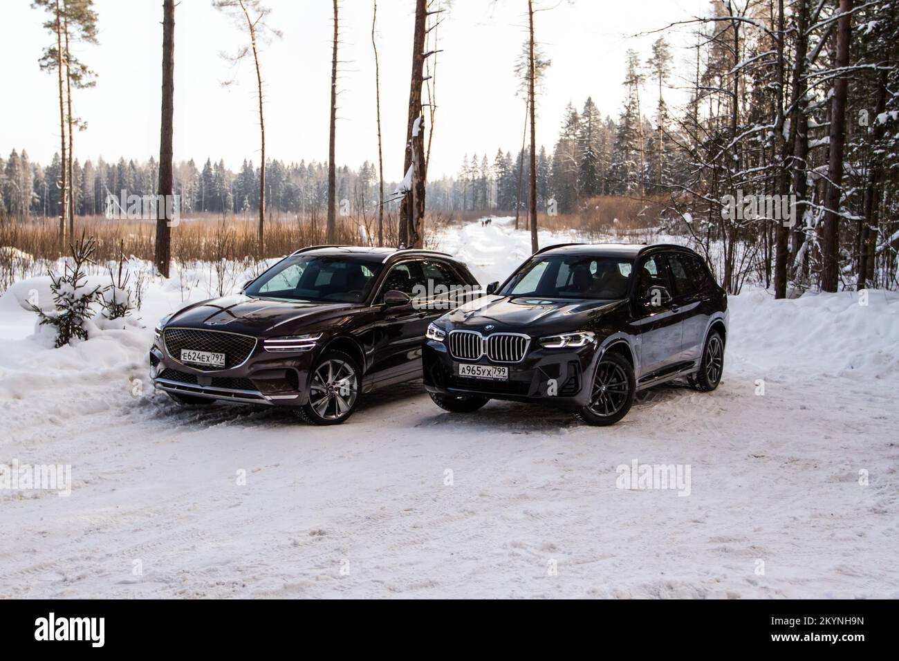 MOSCOW, RUSSIA - FEBRUARY 05, 2022 Genesis GV70 (JK1) and BMW X3 (G01 ...