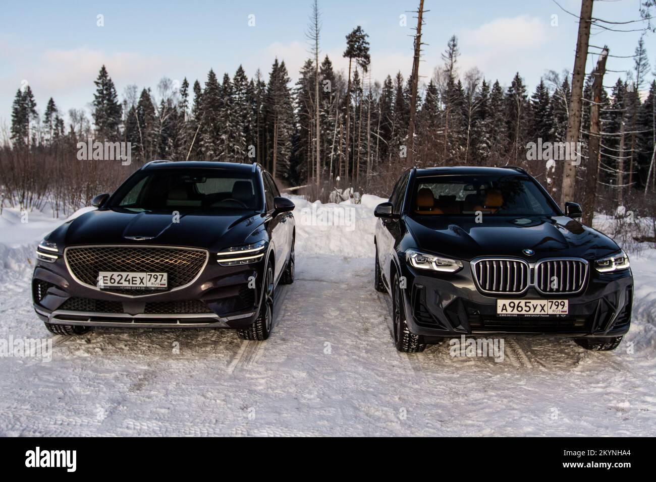 MOSCOW, RUSSIA - FEBRUARY 05, 2022 Genesis GV70 (JK1) and BMW X3 (G01 ...