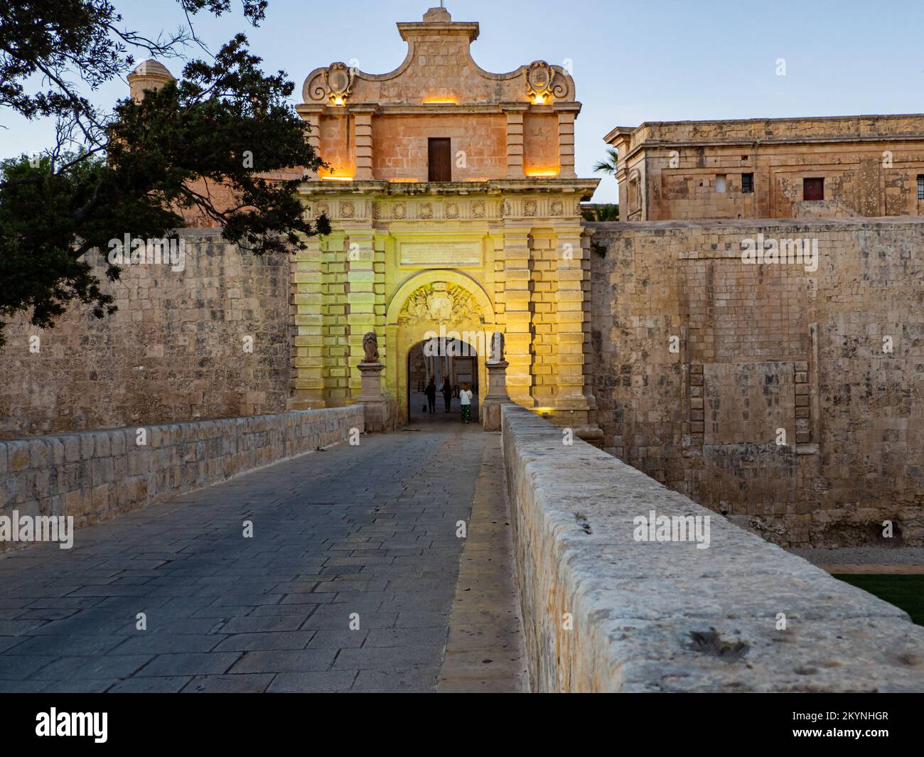 Entrance bridge and gate to Mdina, a fortified medieval city in the ...