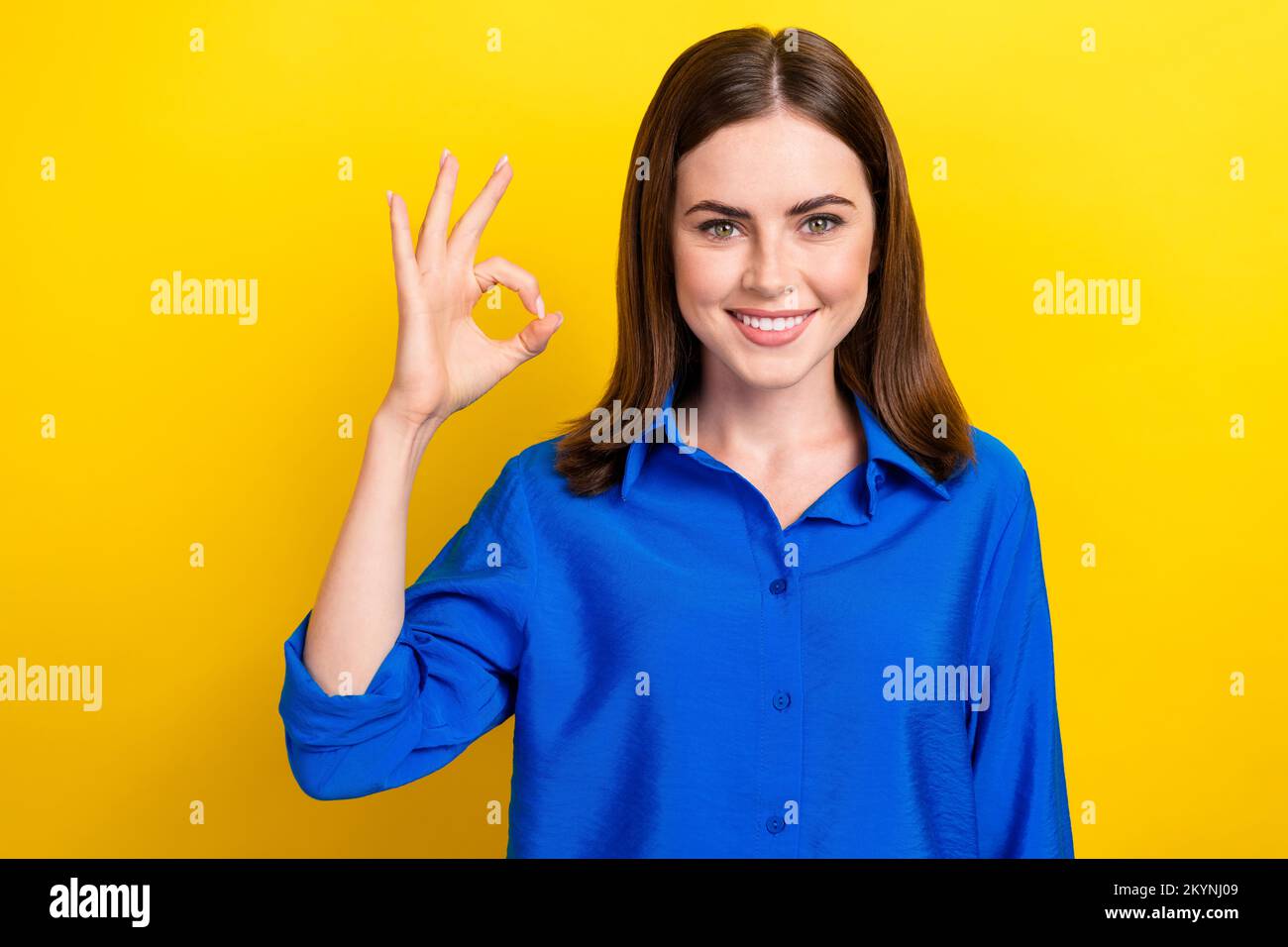 Photo of cheerful adorable ukrainian lady hand okey symbol satisfied ...
