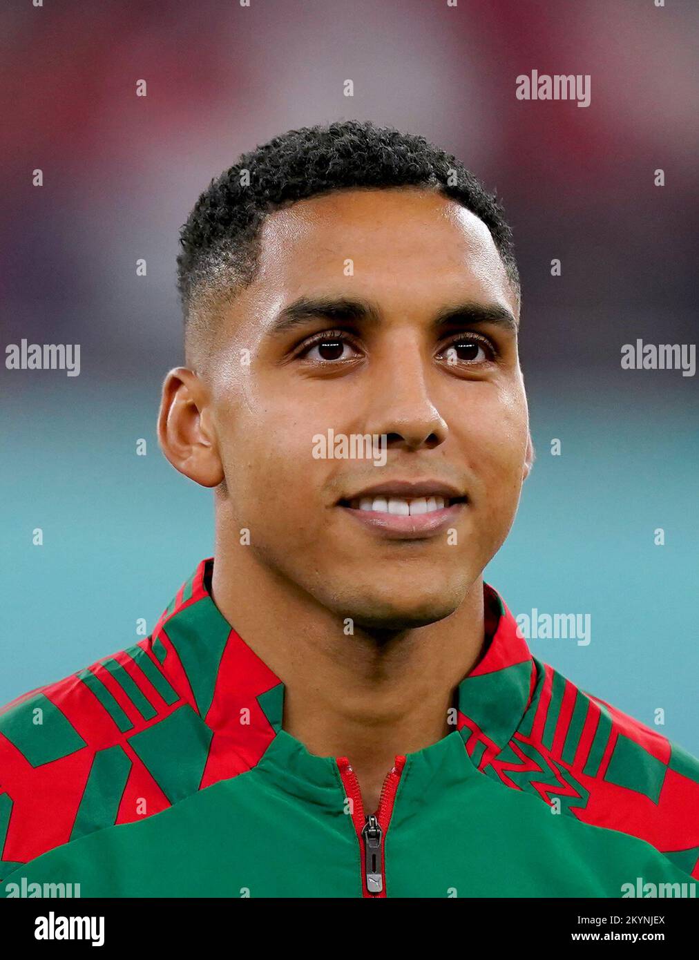 Morocco's Abdelhamid Sabiri lines up on the pitch ahead of the FIFA ...