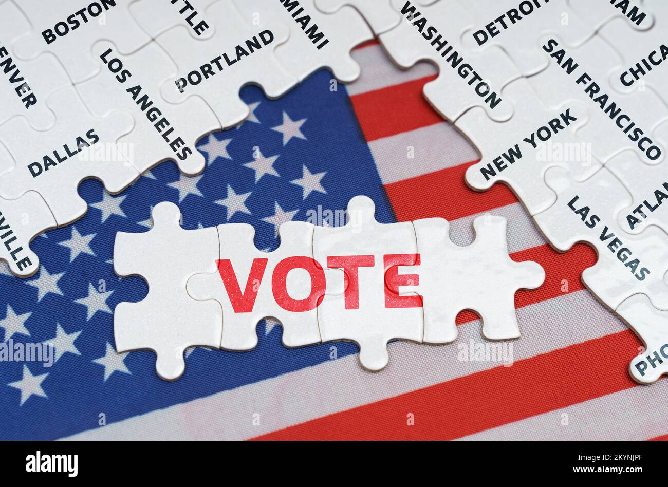 National concept. The USA flag has city name puzzles and puzzles with ...