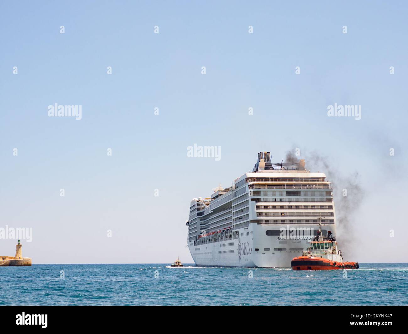 Valletta, Malta - May 2021. A luxury cruise liner departs from the port ...