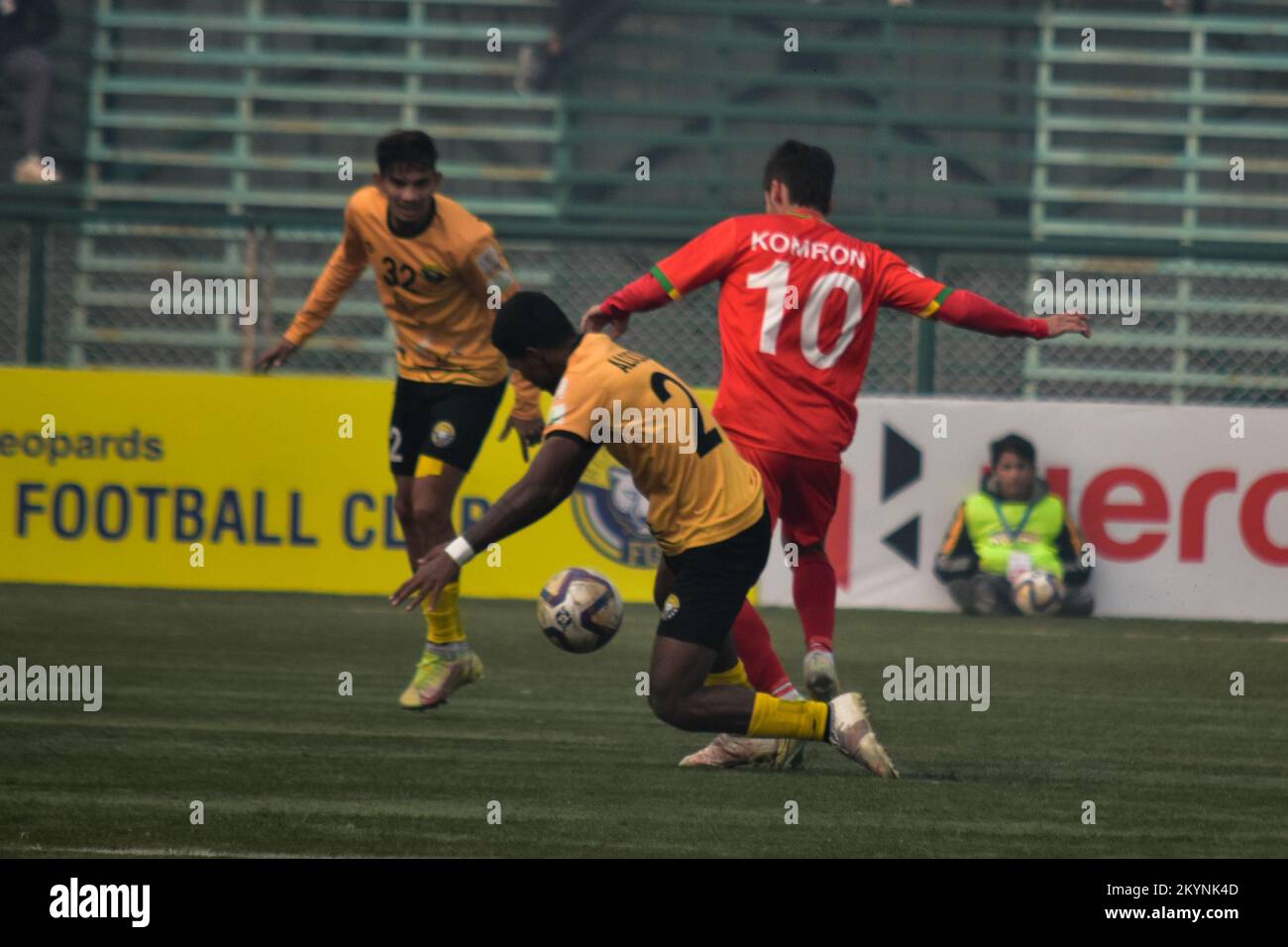 Srinagar, India. 01st Dec, 2022. Komron Tursunov (R) of TRAU FC seen in ...