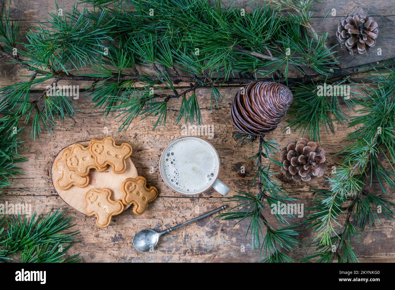 Christmas cookies, top view cup of cappuccino or Latte coffee and ...