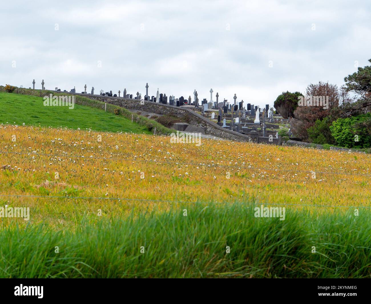 A farm field on a spring day. A small Christian cemetery near the field ...
