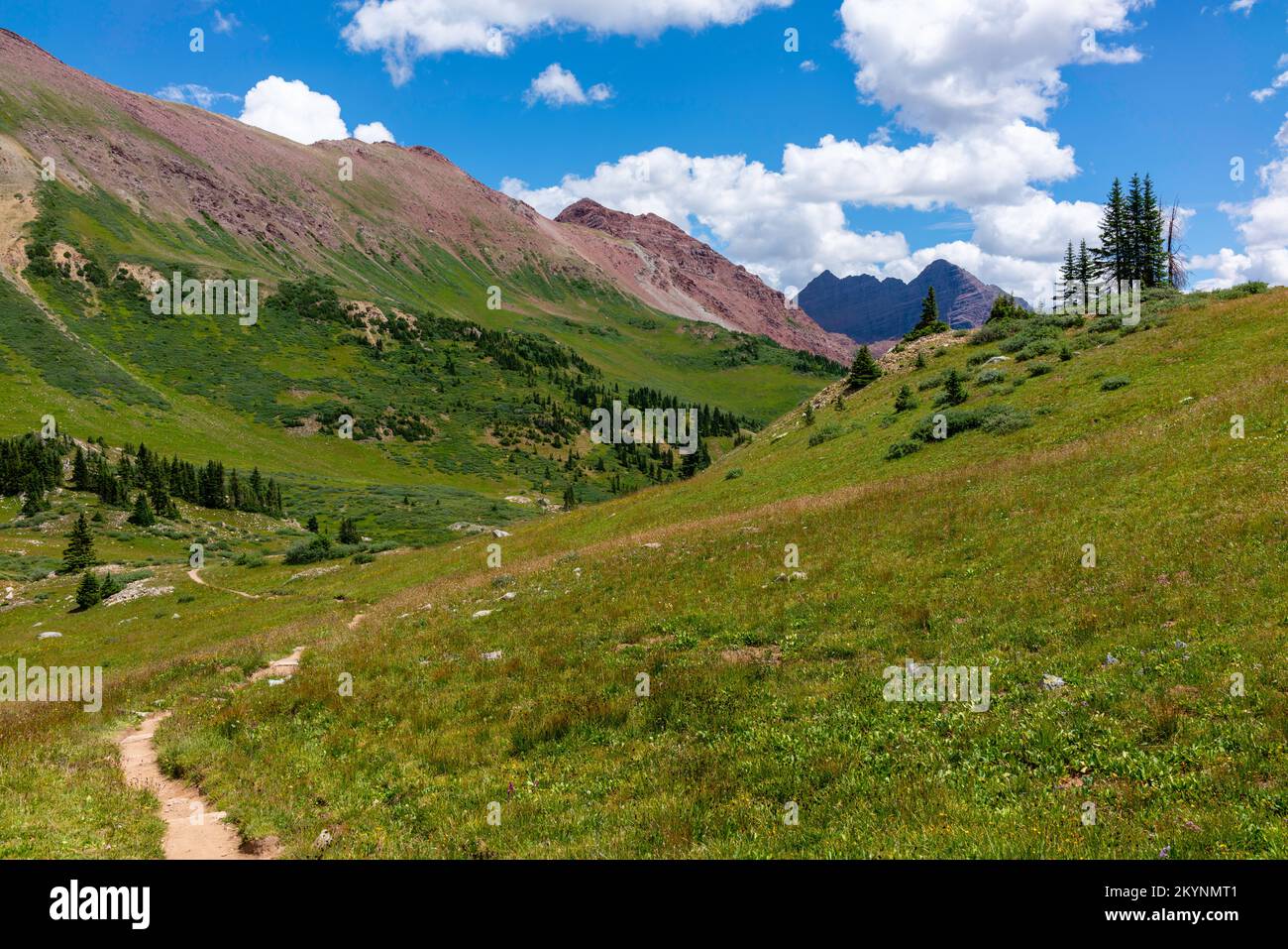 A backside view of the Maroon Bells, along the Four Passes Loop, a ...