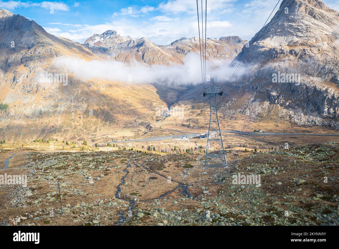 Wide view over the Swiss mountains from the cable car to Refugio ...