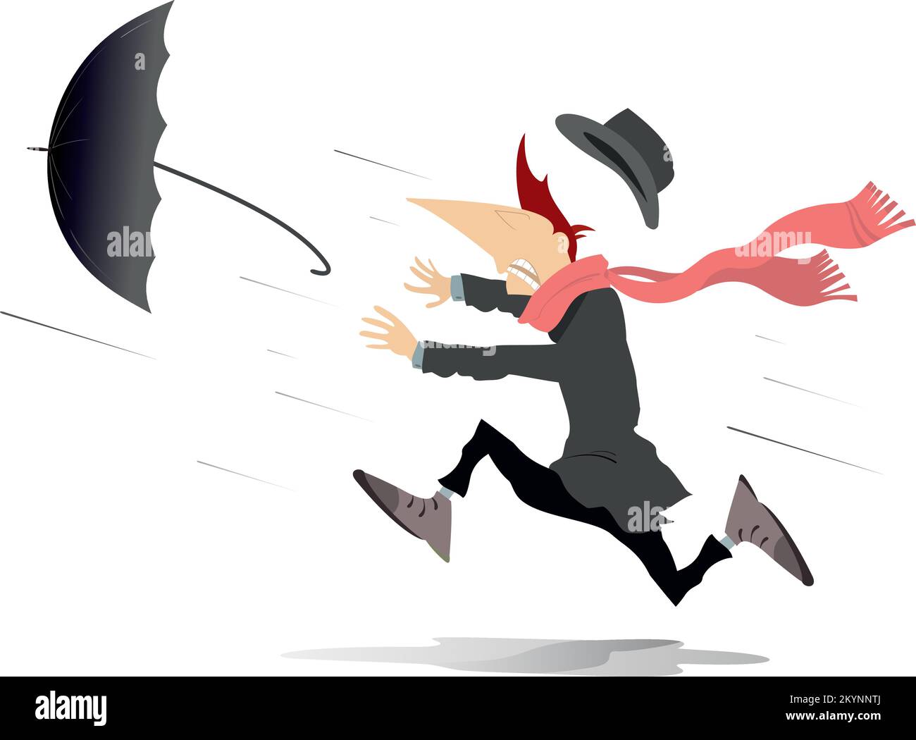 Rain. Strong wind. Running man lost umbrella. Funny running man in the ...