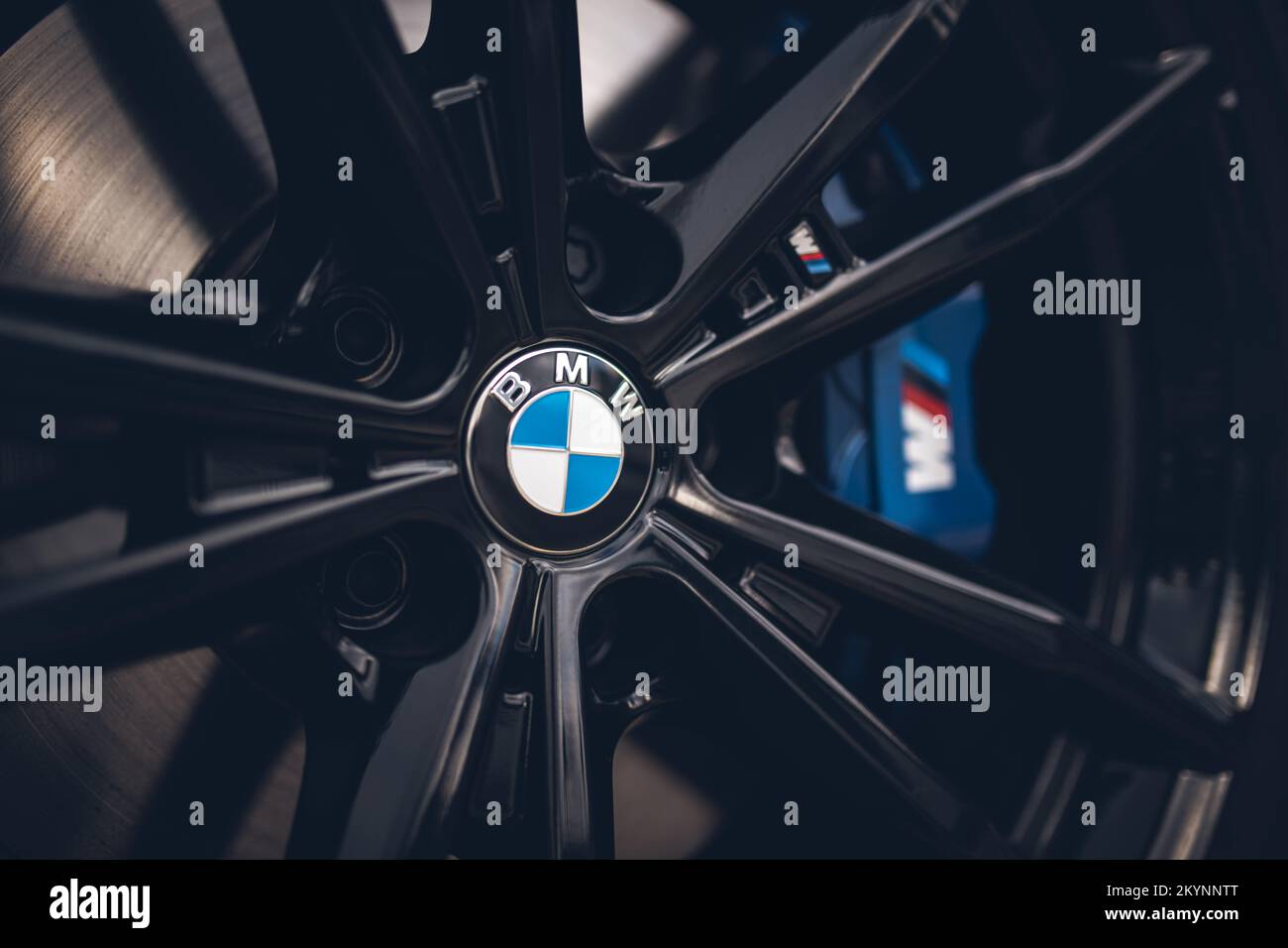 BMW wheel and tire with its logo in a last generation car Stock Photo ...