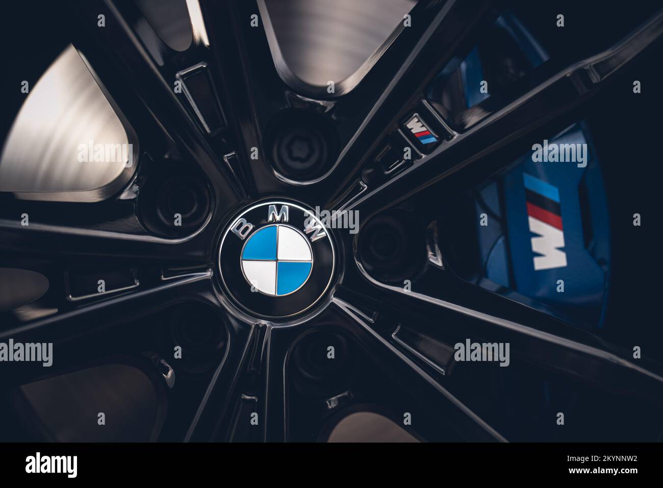 BMW wheel and tire with its logo in a last generation car Stock Photo ...