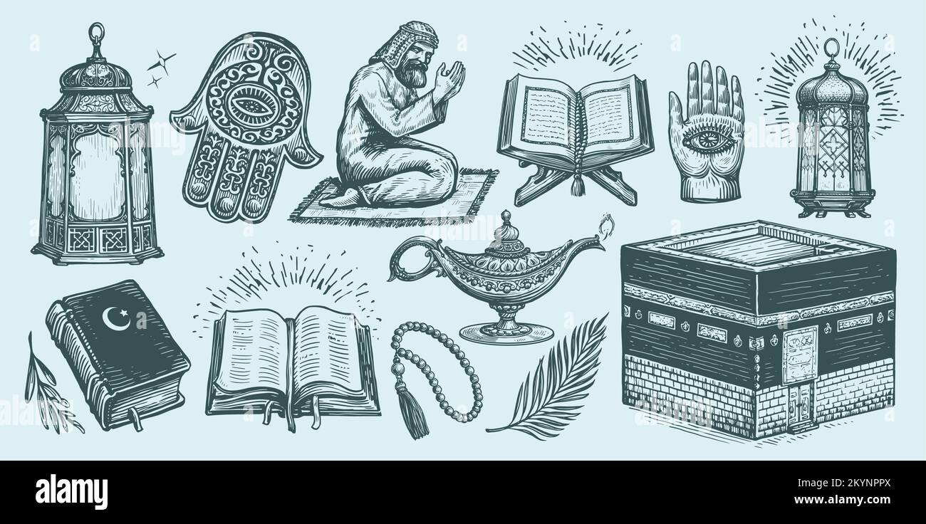 Islam sketch set. Quran, Hajj, praying muslim, lamp, Hand Fatima ...