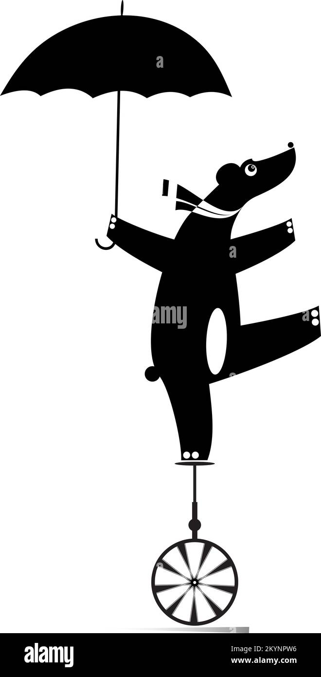 Bear riding on the unicycle. Funny bear with umbrella balances on the ...