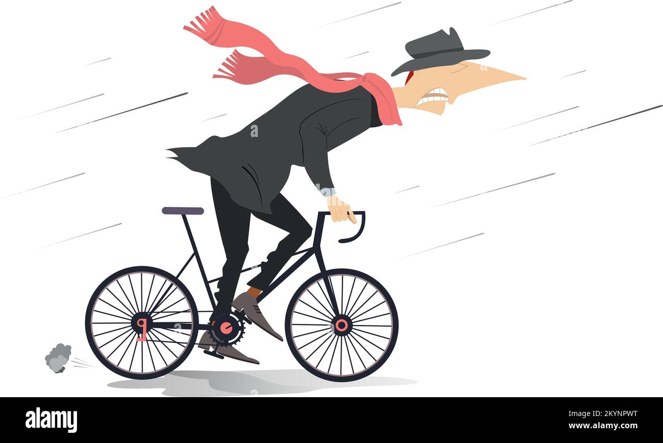 Rainy and windy day and man rides a bike. Illustration. Cycling man under the strong wind and ...