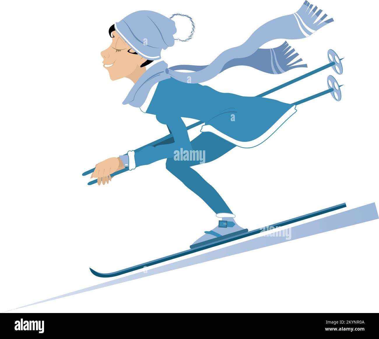 Skiing young woman illustration. Winter sport. Young skier woman ...