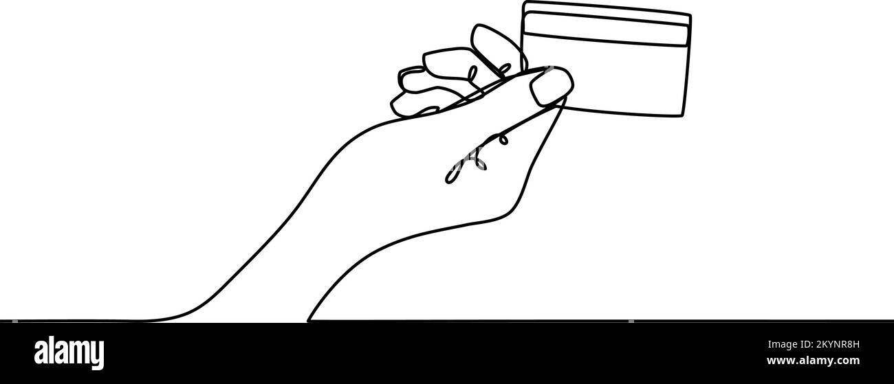 Hand holding credit plastic card continuous line drawing. Paying ...