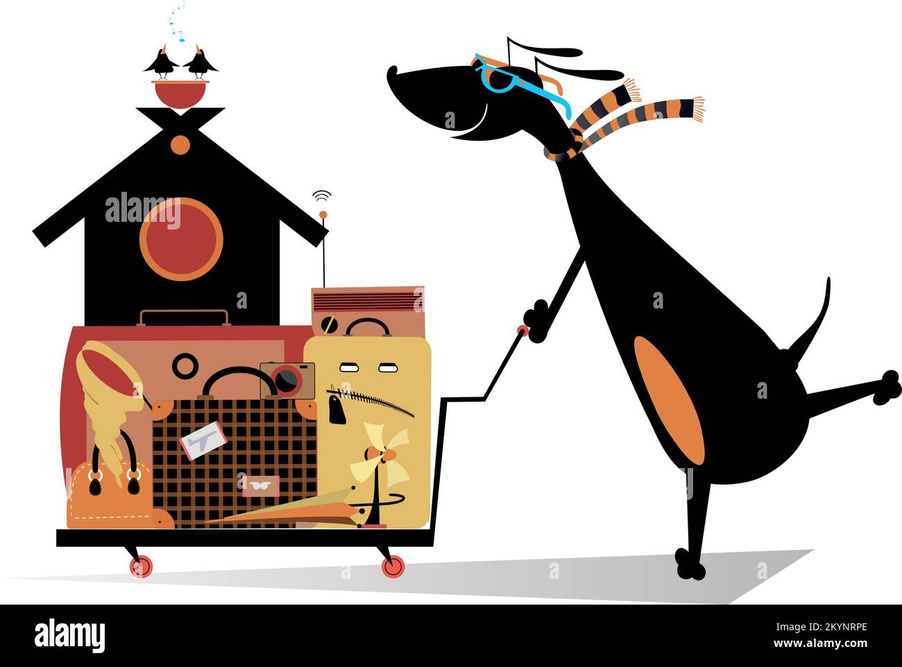 Cartoon dog with a luggage on the trolley. Illustration of funny dog ...