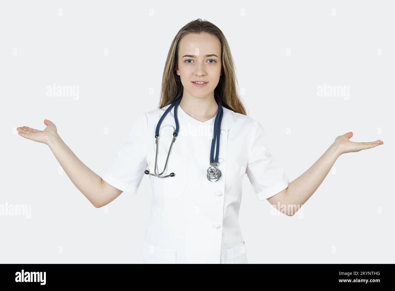 Medicine and health concept. The doctor spreads his hands in different ...