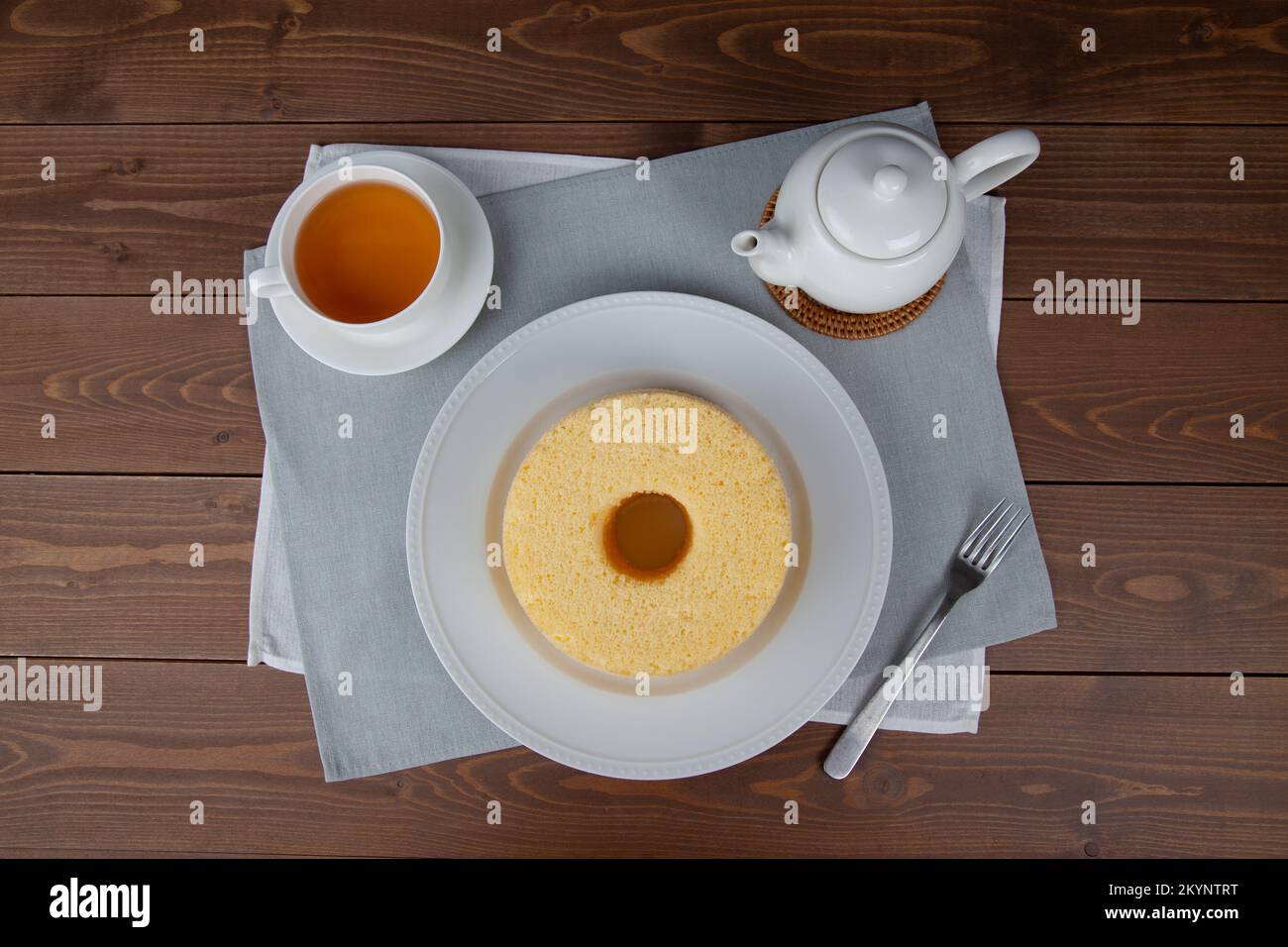 plain chiffon cake hot tea set isolated on white background Stock Photo ...