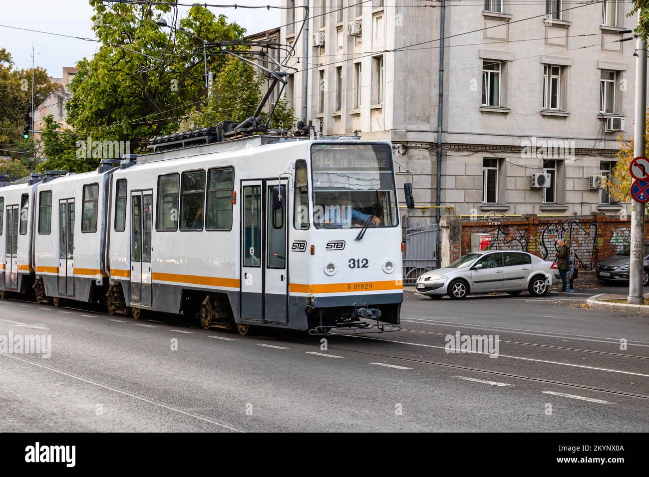 Tram in traffic. Public transport Bucharest, Romania, 2022 Stock Photo ...