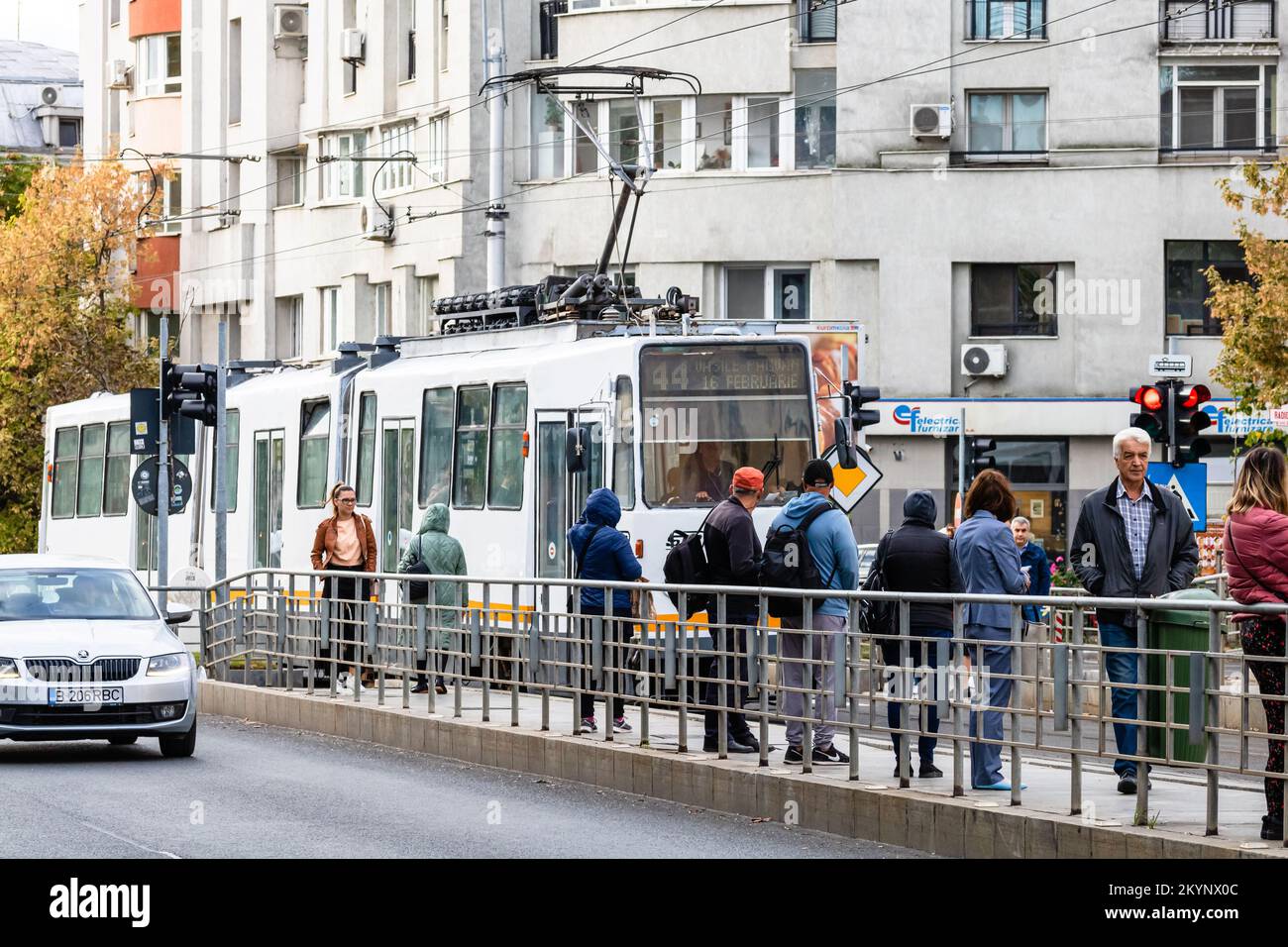 Tram in traffic. Public transport Bucharest, Romania, 2022 Stock Photo ...