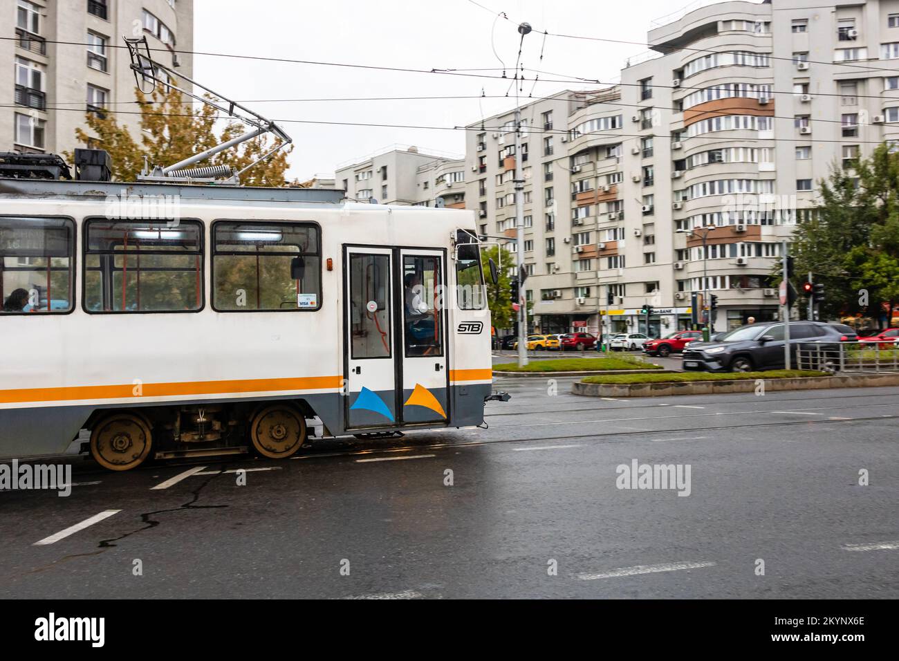 Tram in traffic. Public transport Bucharest, Romania, 2022 Stock Photo ...