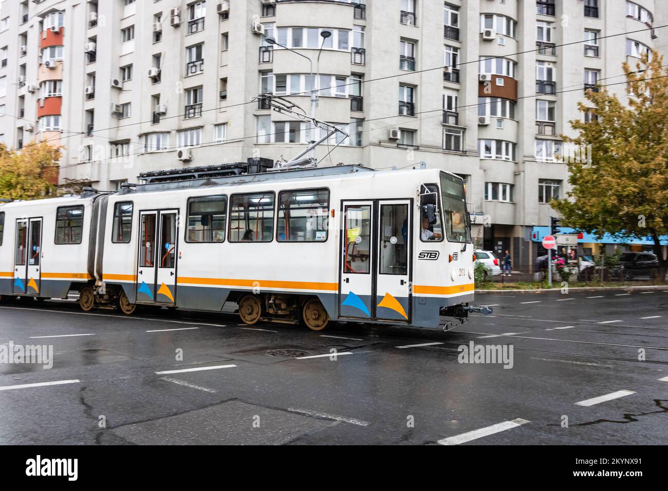 Tram in traffic. Public transport Bucharest, Romania, 2022 Stock Photo ...